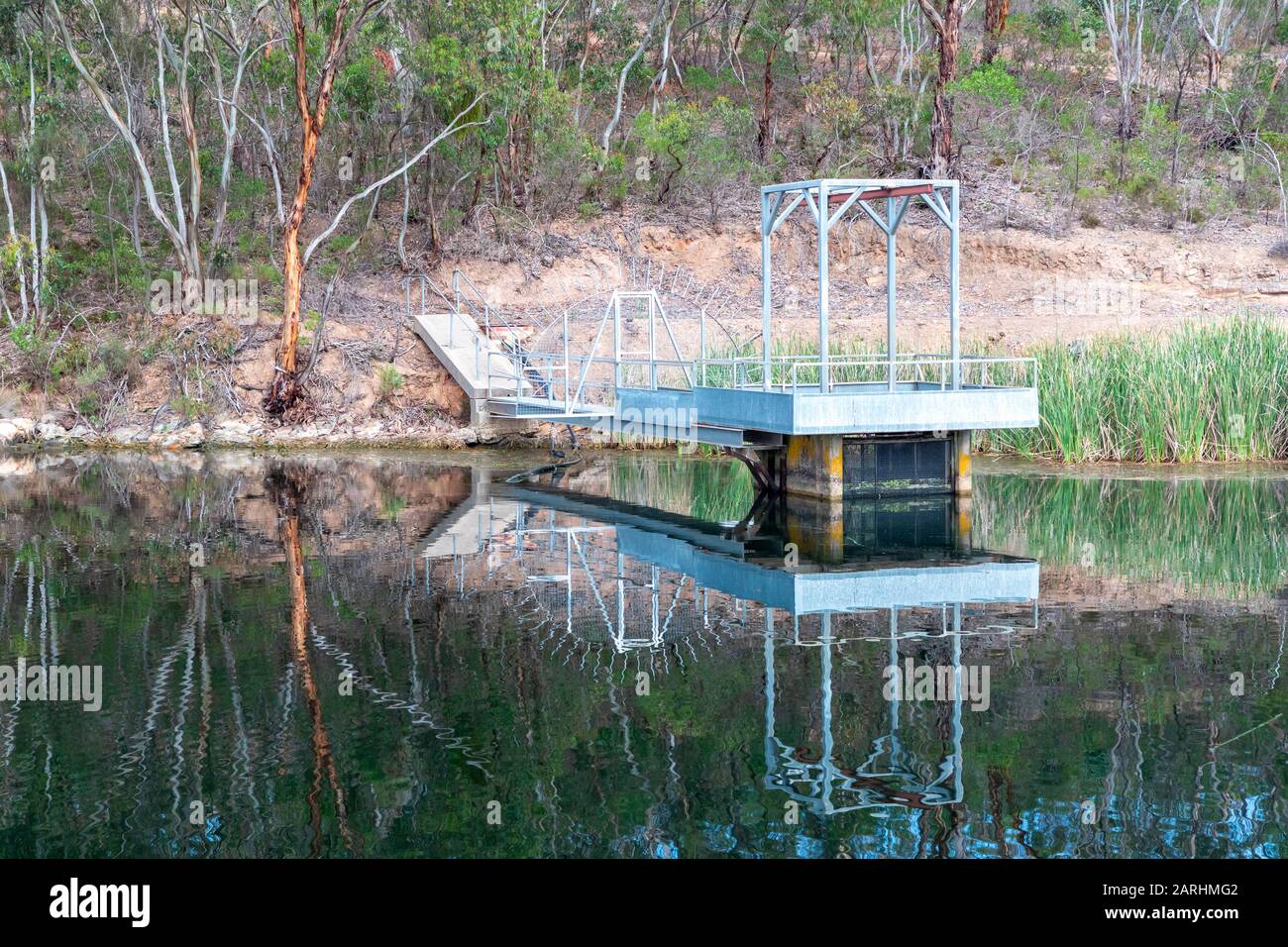 A pumping station platform in a water supply reservoir with a ...