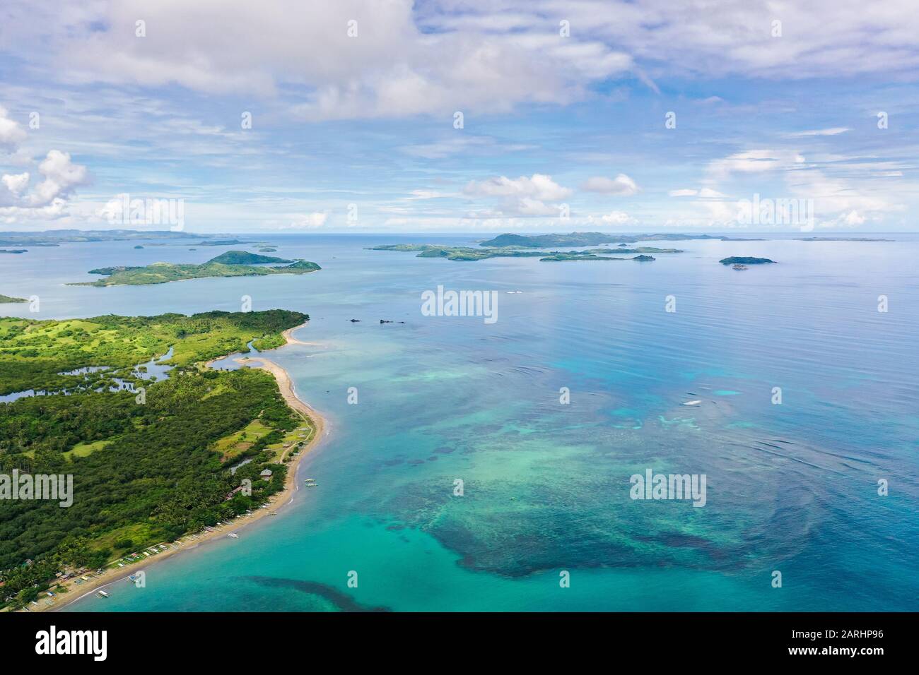 Seascape with islands in the early morning, view from above. Beautiful ...