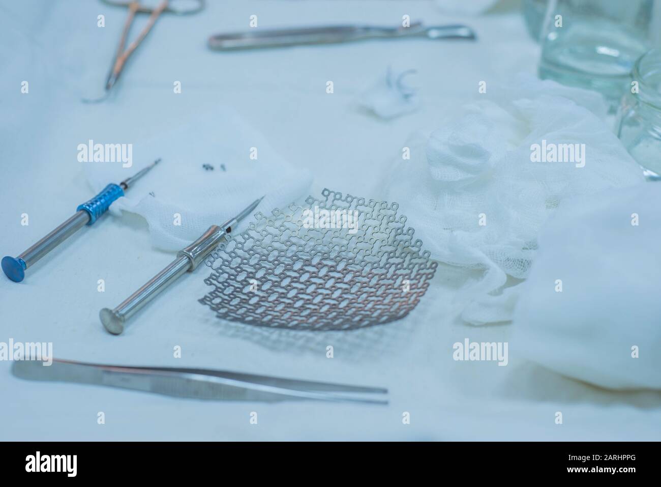 Skull clamp with pins and antiseptic solution for head fixation in ...