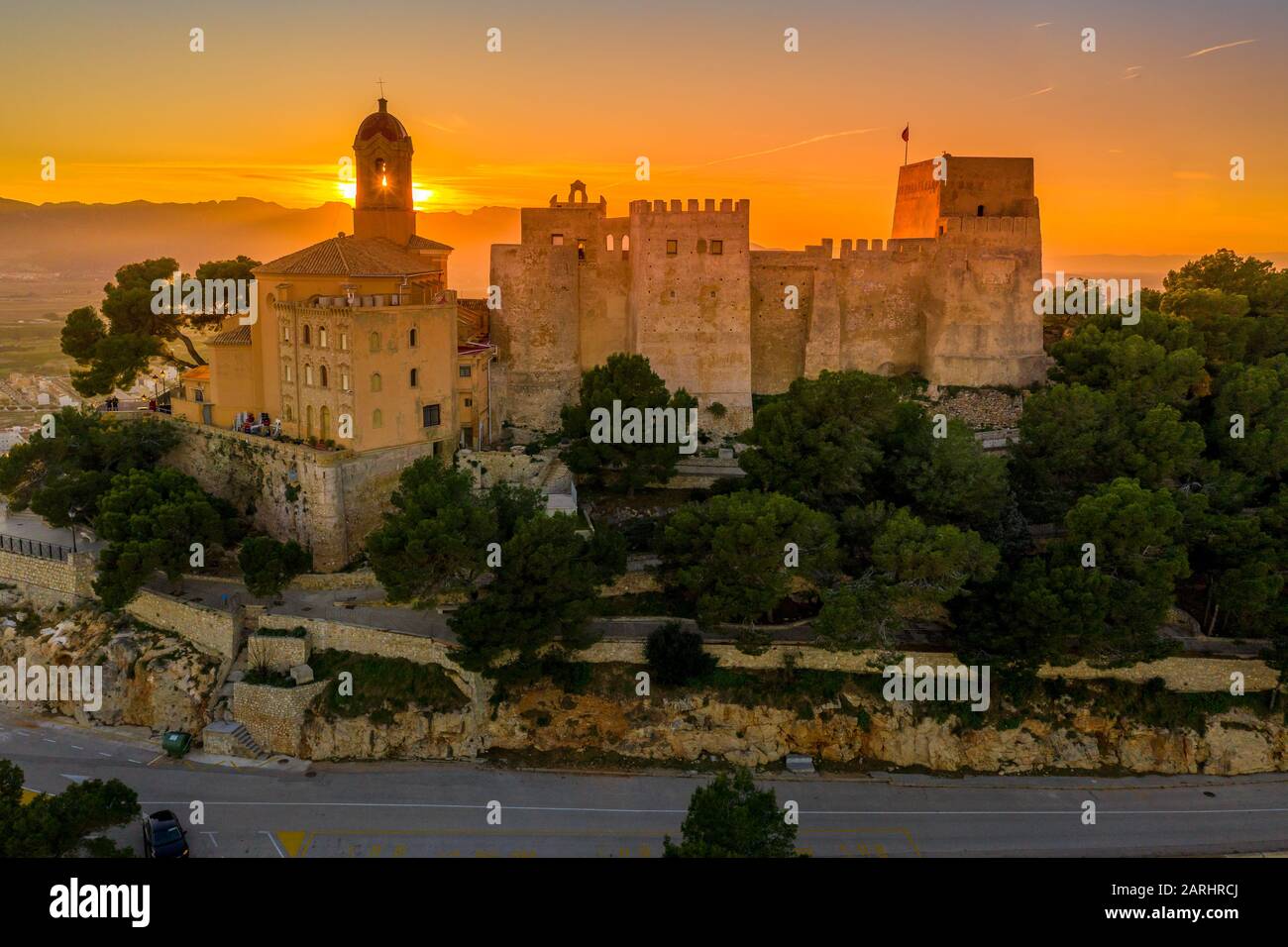 Aerial sunset panorama view of Cullera castle and popular seaside ...