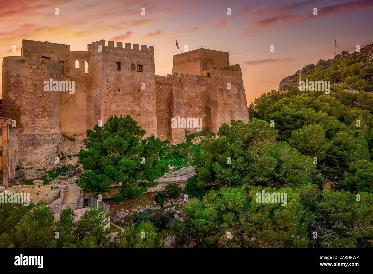Aerial sunset panorama view of Cullera castle and popular seaside ...