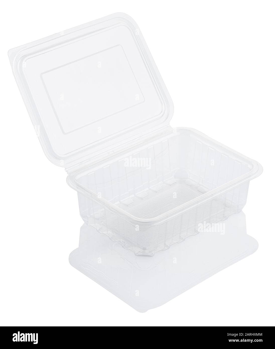 Empty transparent plastic food container isolated on white with ...