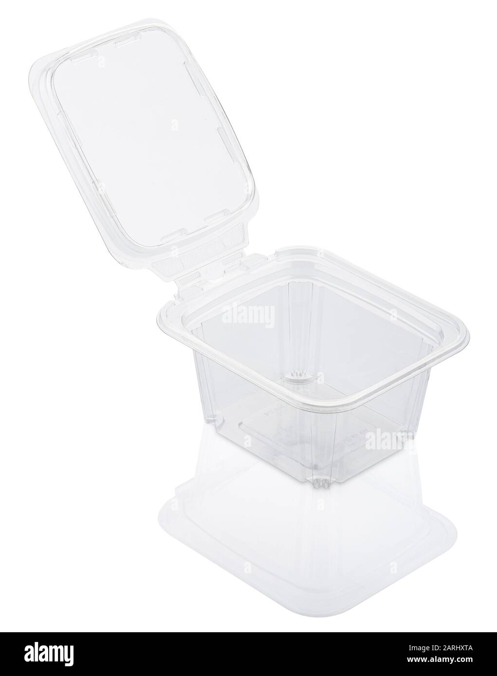 Empty open transparent plastic food container isolated on white with ...