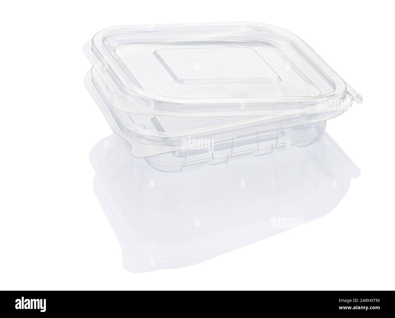Empty open transparent plastic food container isolated on white with ...