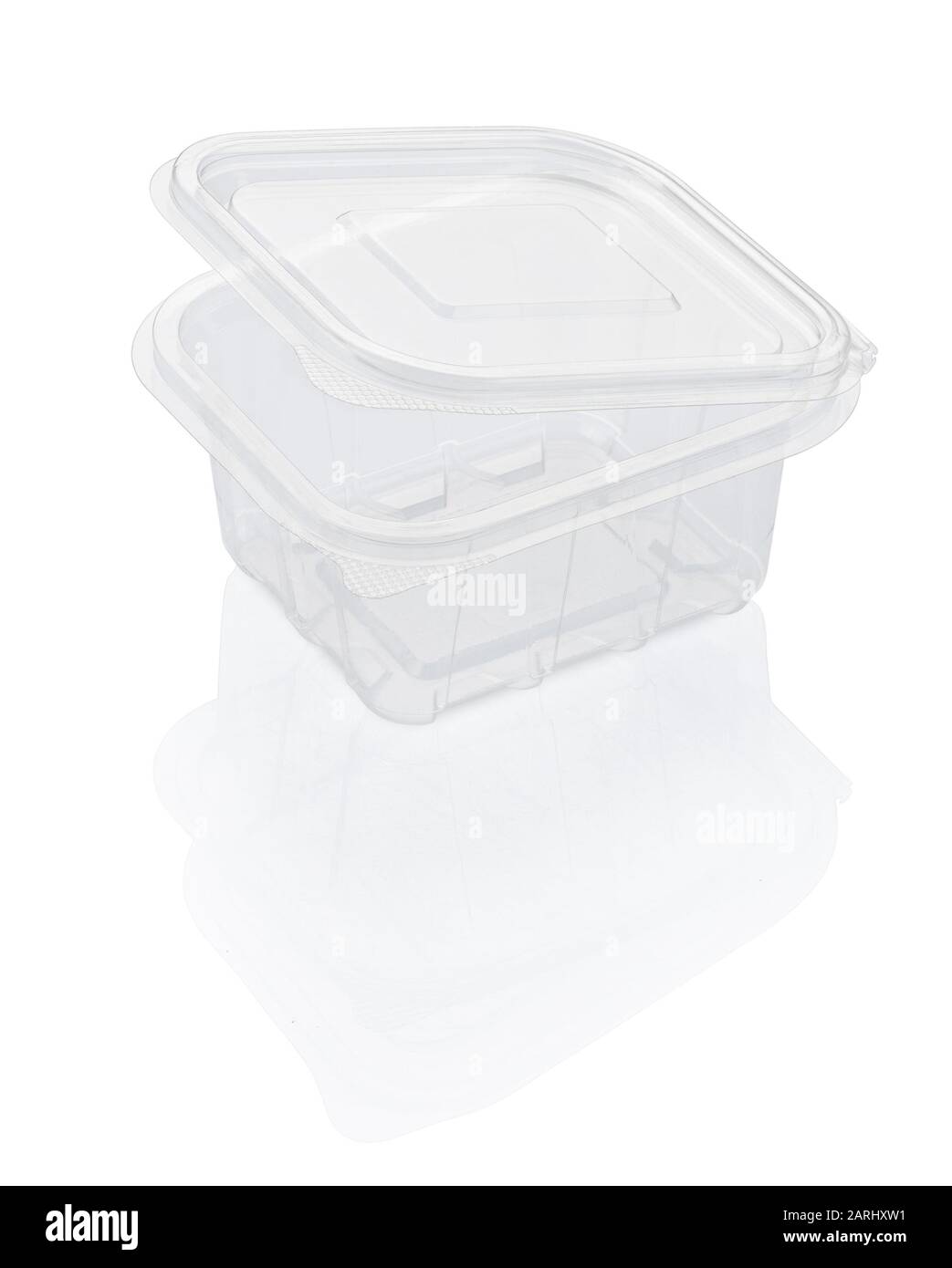 Empty open transparent plastic food container isolated on white with ...
