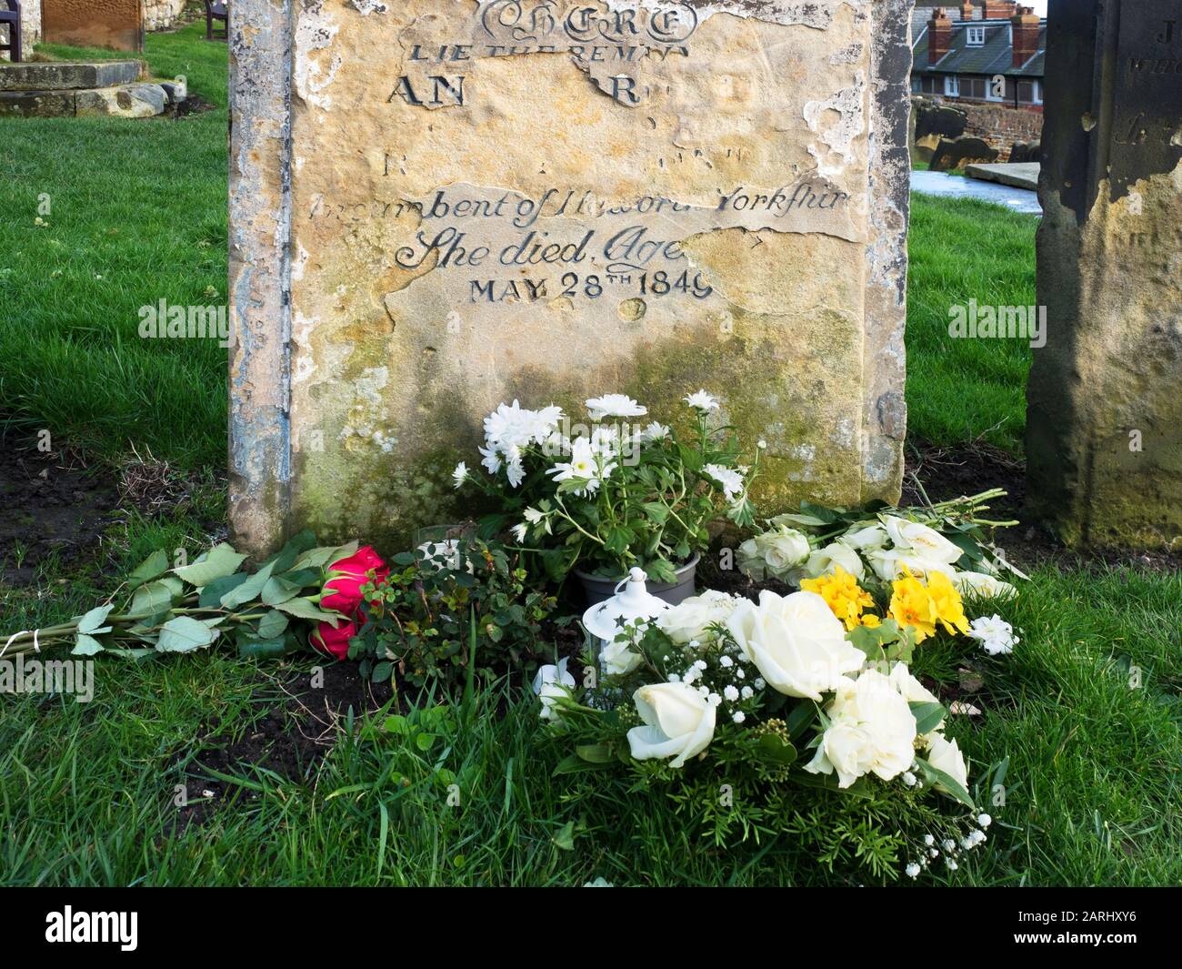 Anne Bronte grave with flowers laid for her bicentenary in January 2020 ...
