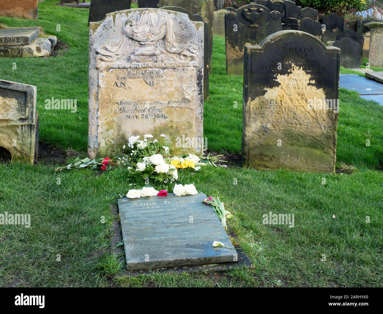Anne Bronte grave with flowers laid for her bicentenary in January 2020 ...