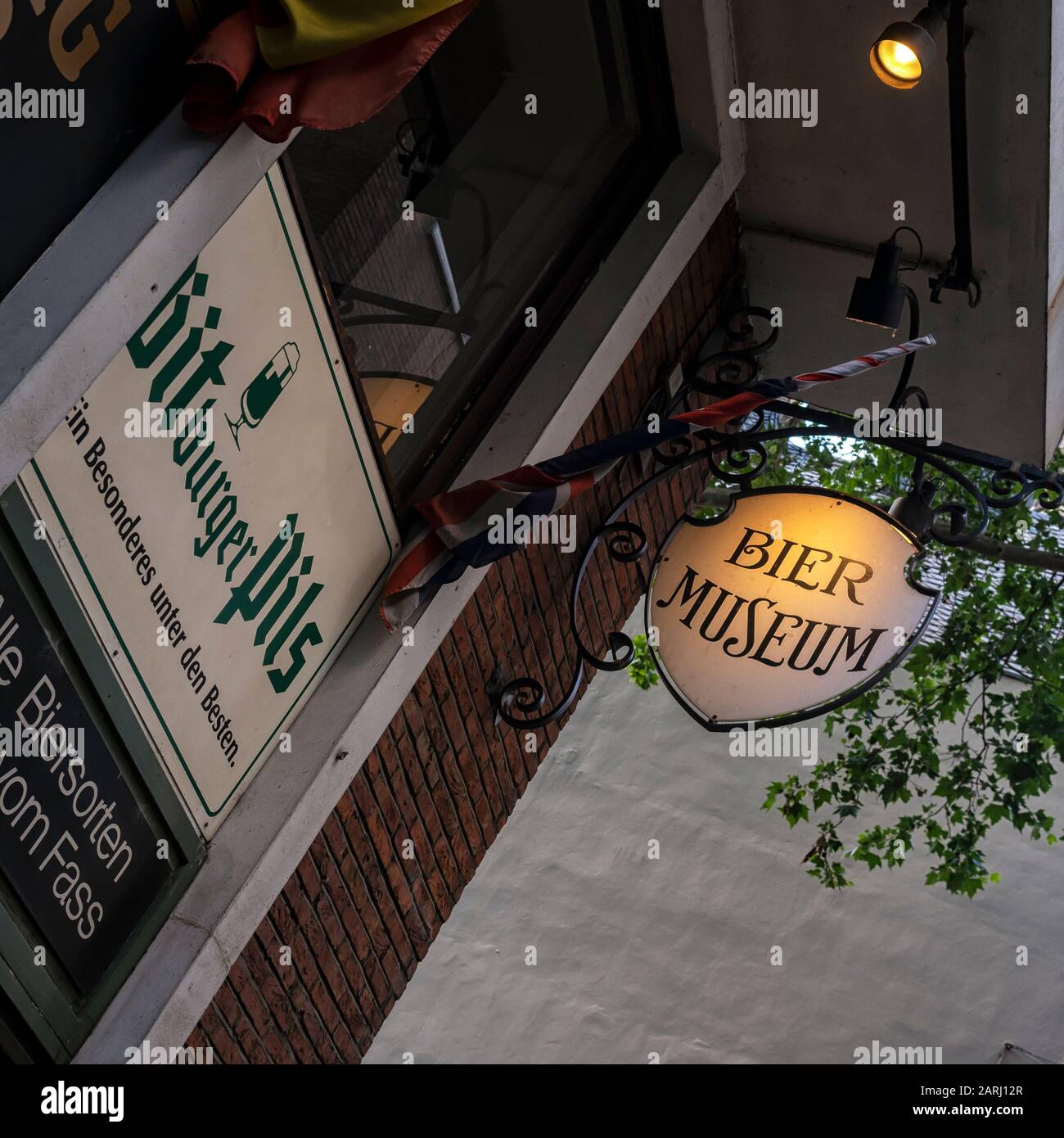 COLOGNE, GERMANY - JULY 05, 2019: Sign above the Biermuseum cafe bar in ...