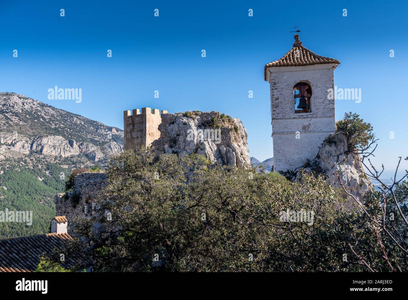 View of medieval enclosed mountain fortification El castell de ...