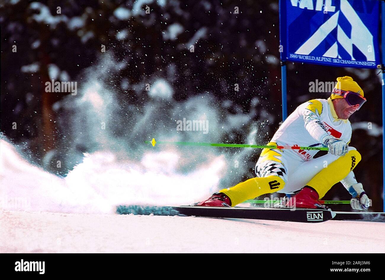 Ingmar Stenmark of Sweden competing in the giant slalom at the 1989 FIS ...