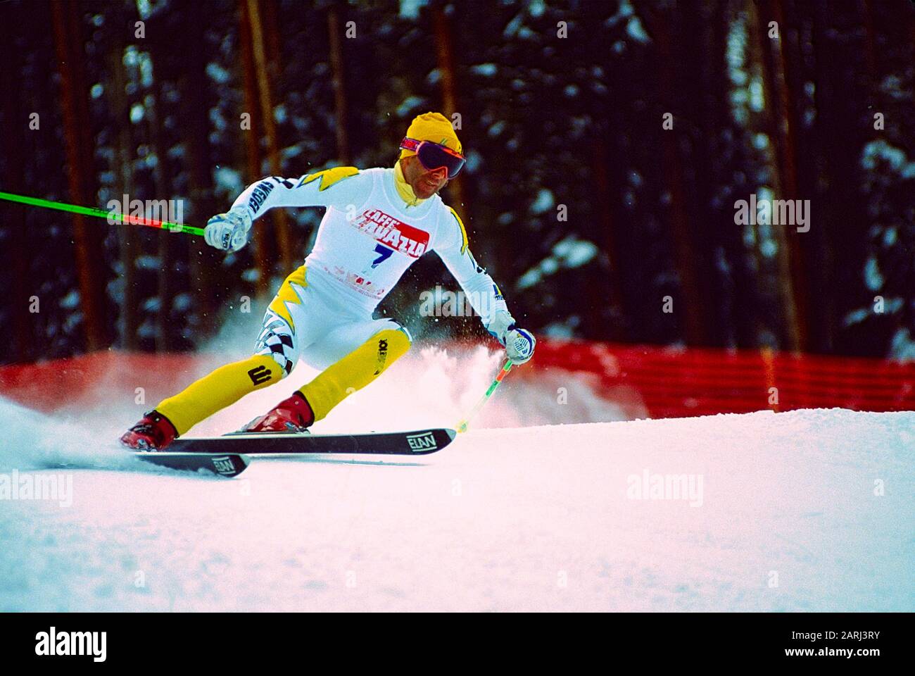 Ingmar Stenmark of Sweden competing in the giant slalom at the 1989 FIS ...