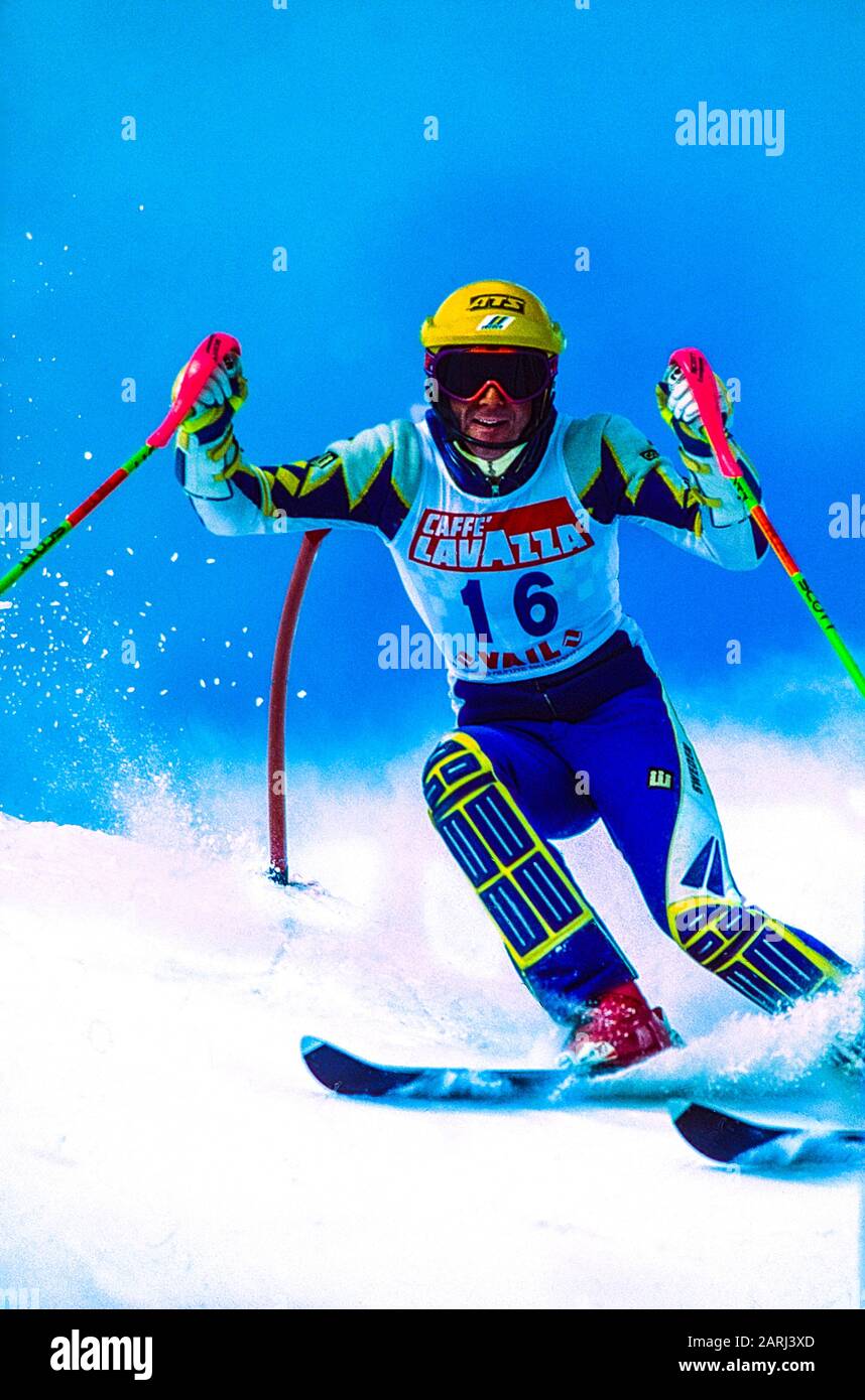Ingmar Stenmark of Sweden competing in the slalom at the 1989 FIS ...