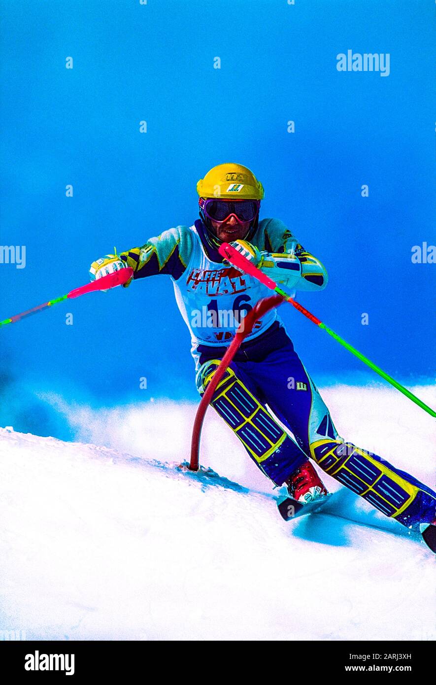 Ingmar Stenmark of Sweden competing in the slalom at the 1989 FIS ...