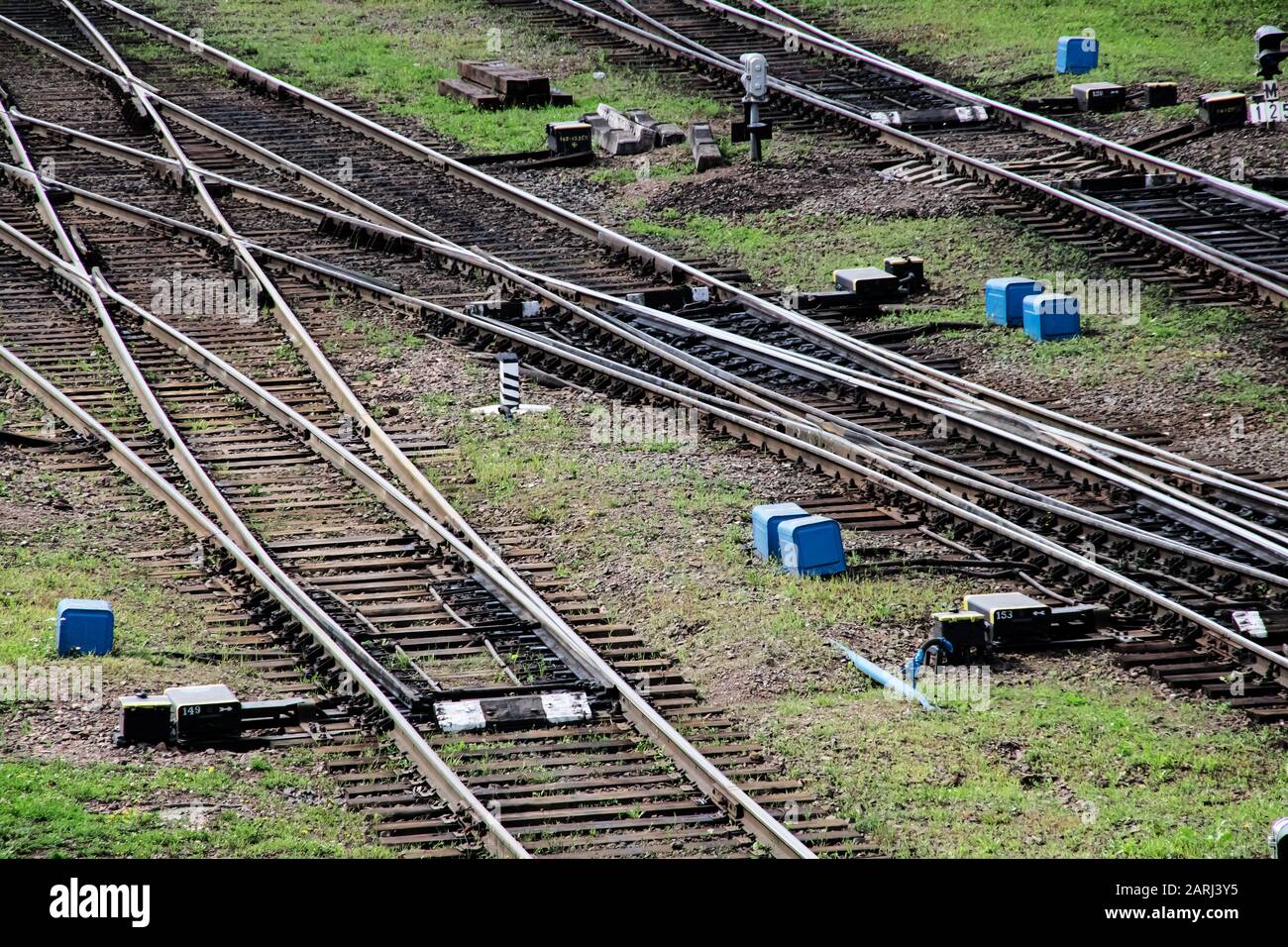 Rail tracks close up top view close up, background Stock Photo - Alamy