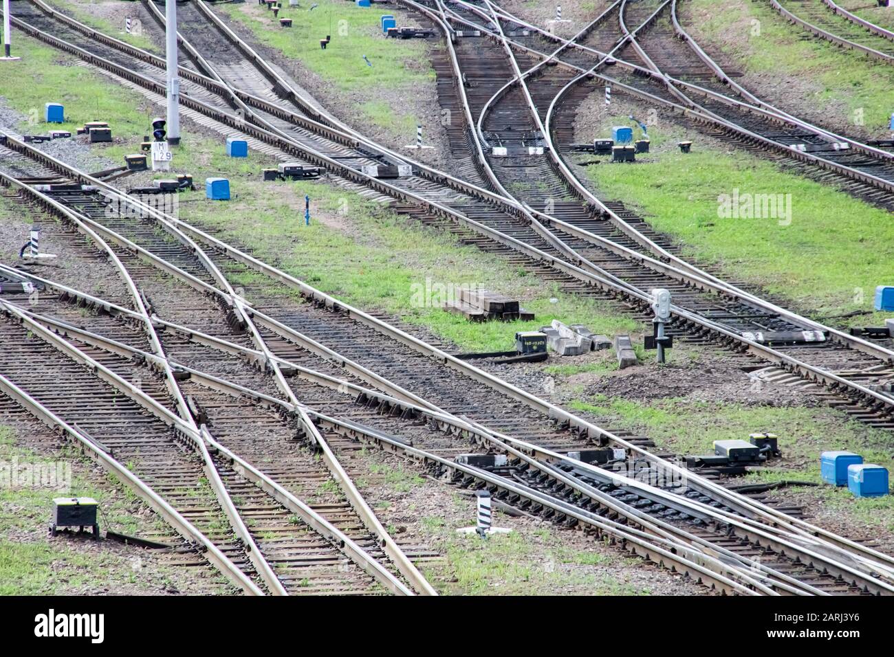 Rail tracks close up top view close up, background Stock Photo - Alamy
