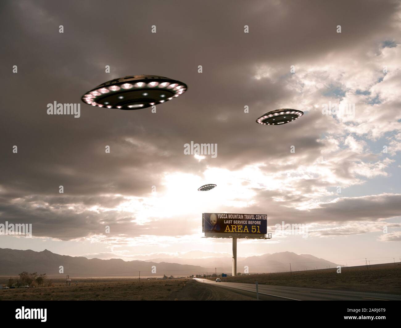 Three flying saucers returning to Area 51 Stock Photo - Alamy