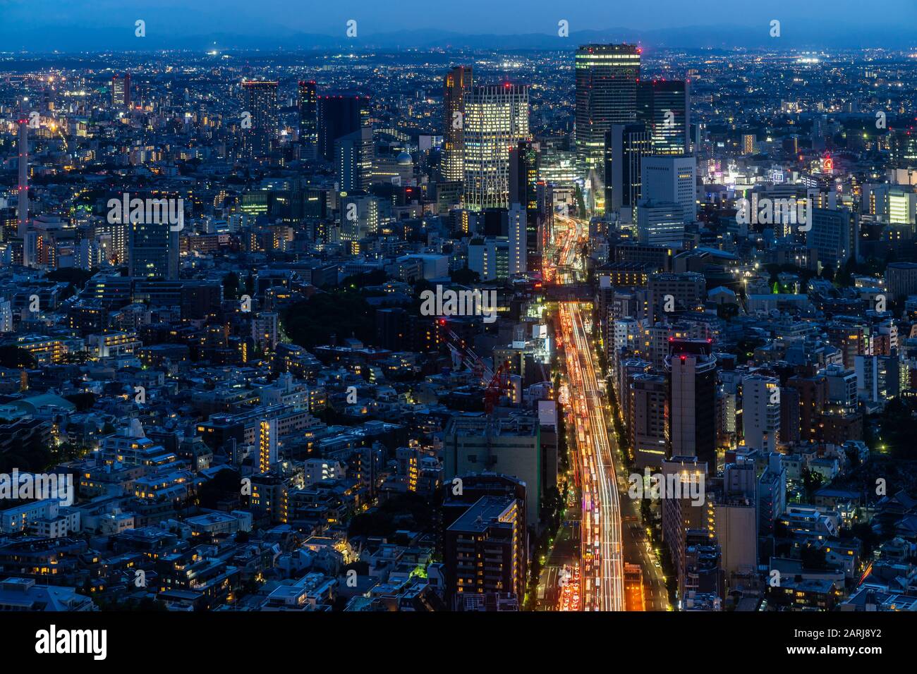Scenic aerial night view of Tokyo from Mori Tower observation deck ...