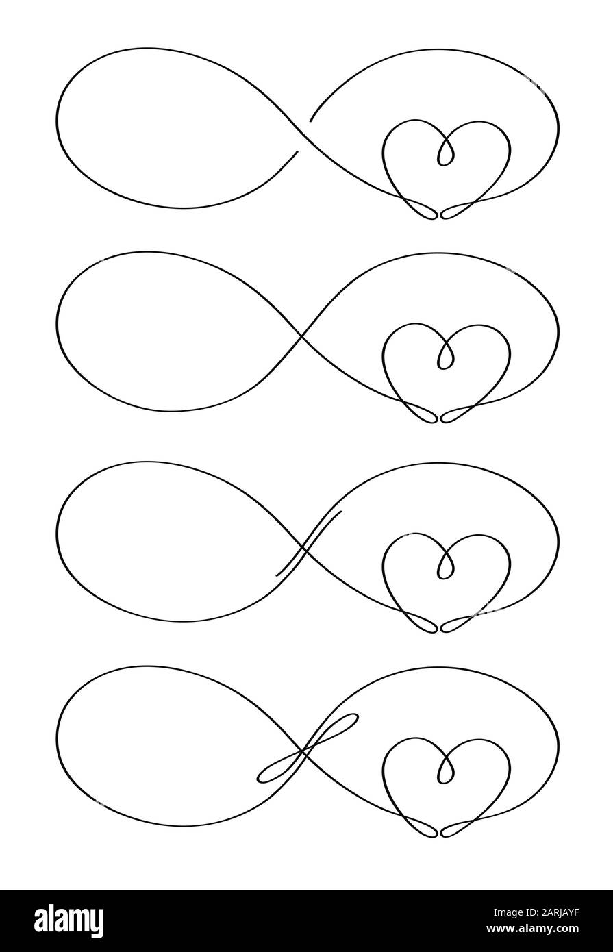 Heart inscribed in infinity. Icon set isolated. Drawn by hand in one ...