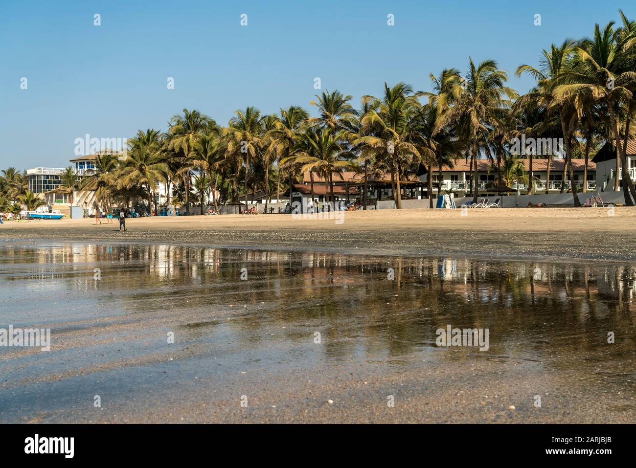 Palmen am Strand von Kotu spiegeln sich bei Ebbe im flachen Wasser ...