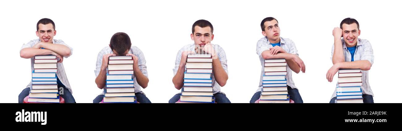 The student with lots of books on white Stock Photo - Alamy
