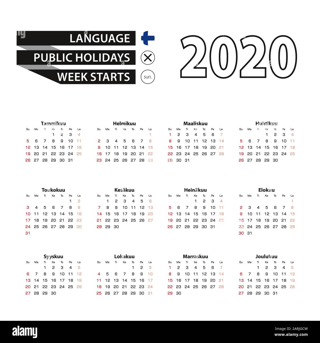 2020 calendar in Finnish language, week starts from Sunday. Vector ...