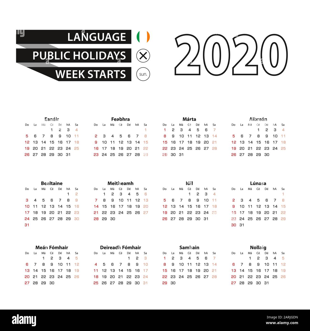 2020 calendar in Irish language, week starts from Sunday. Vector ...