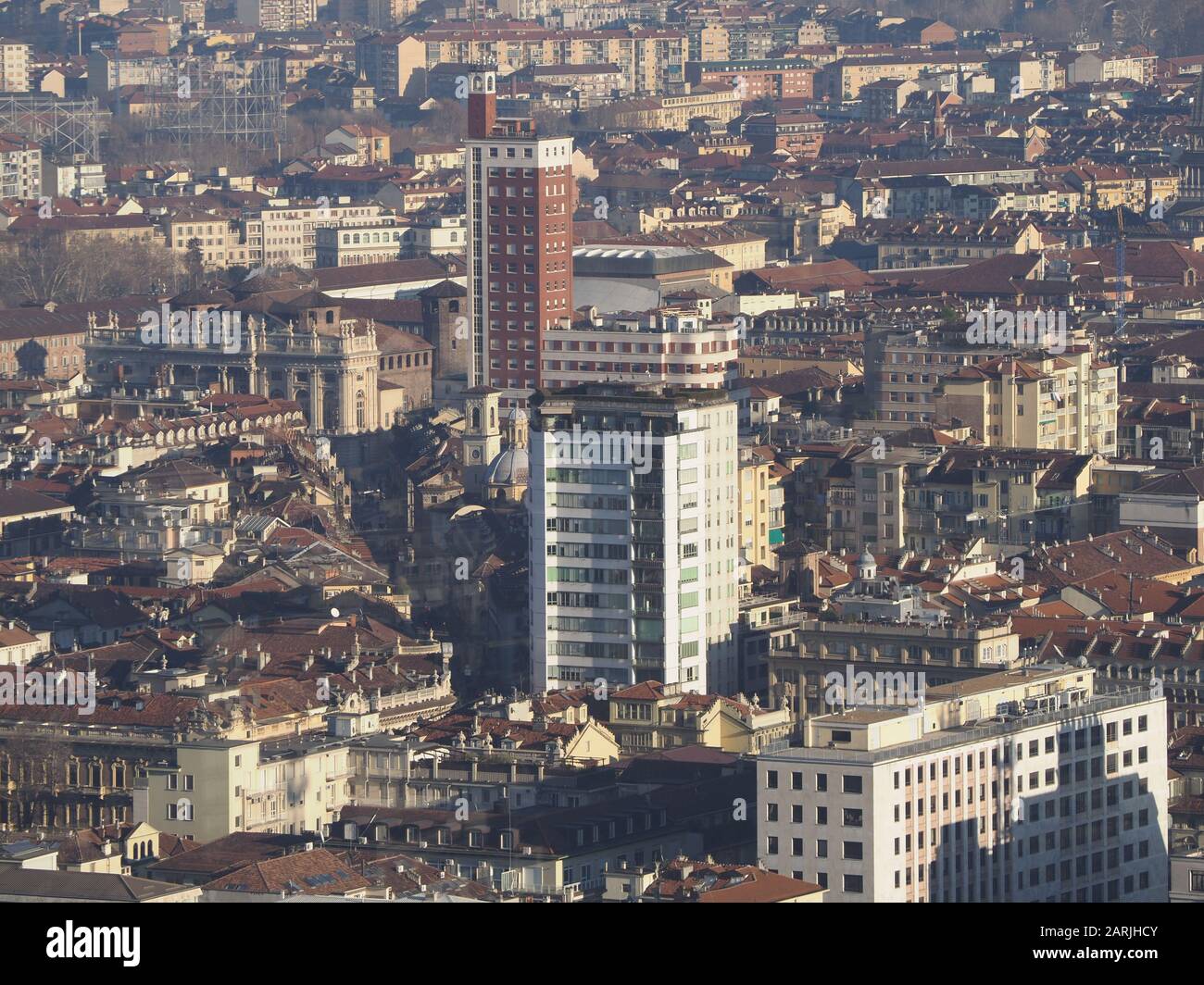 Aerial view of the city centre of Turin, Italy with Piazza Castello ...