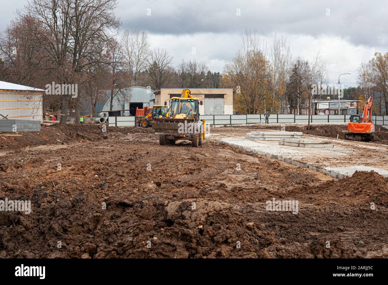 Start building a house. Construction site to create the foundation of ...