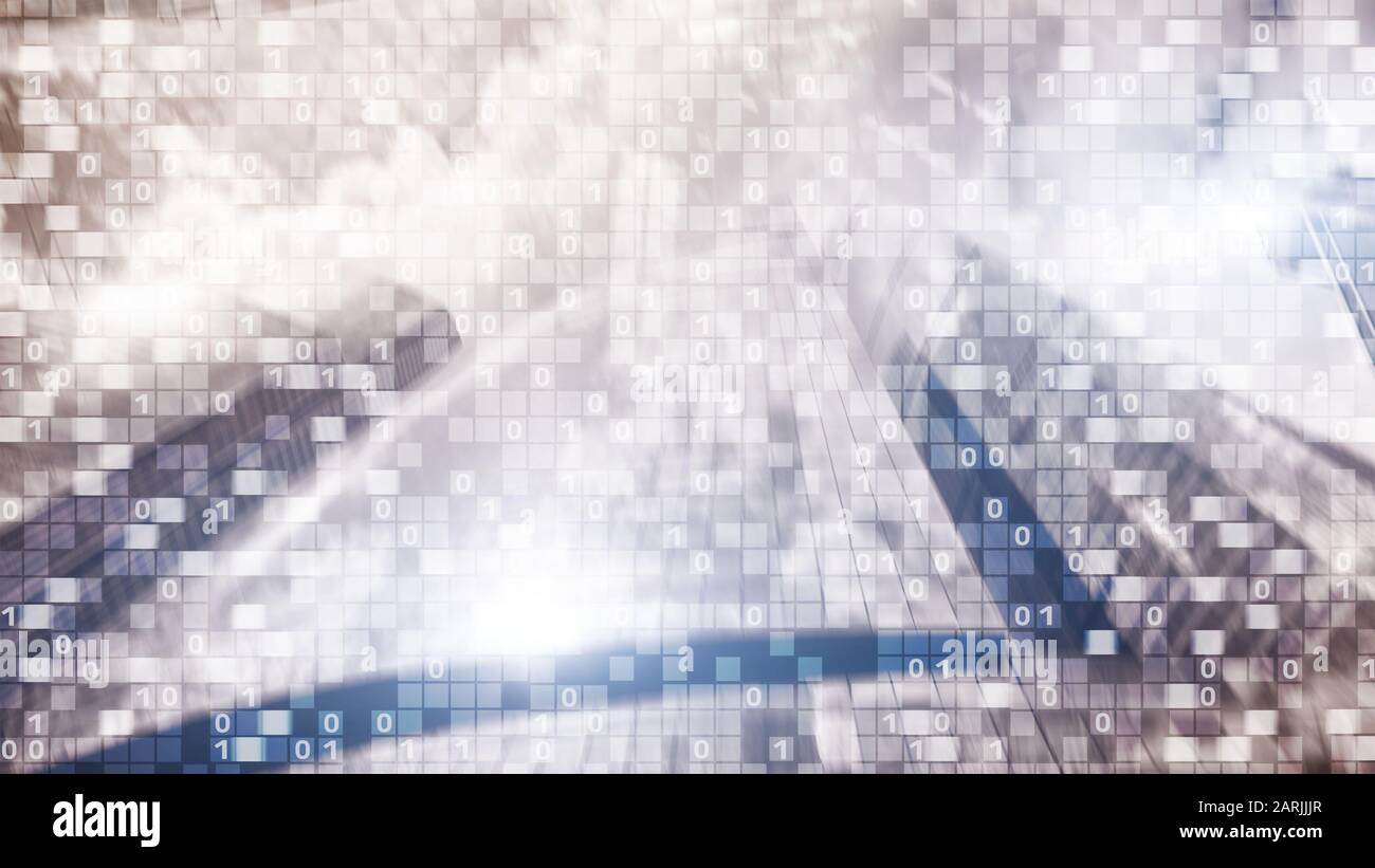 Digital code on blur city background. Abstract Binary code Stock Photo ...