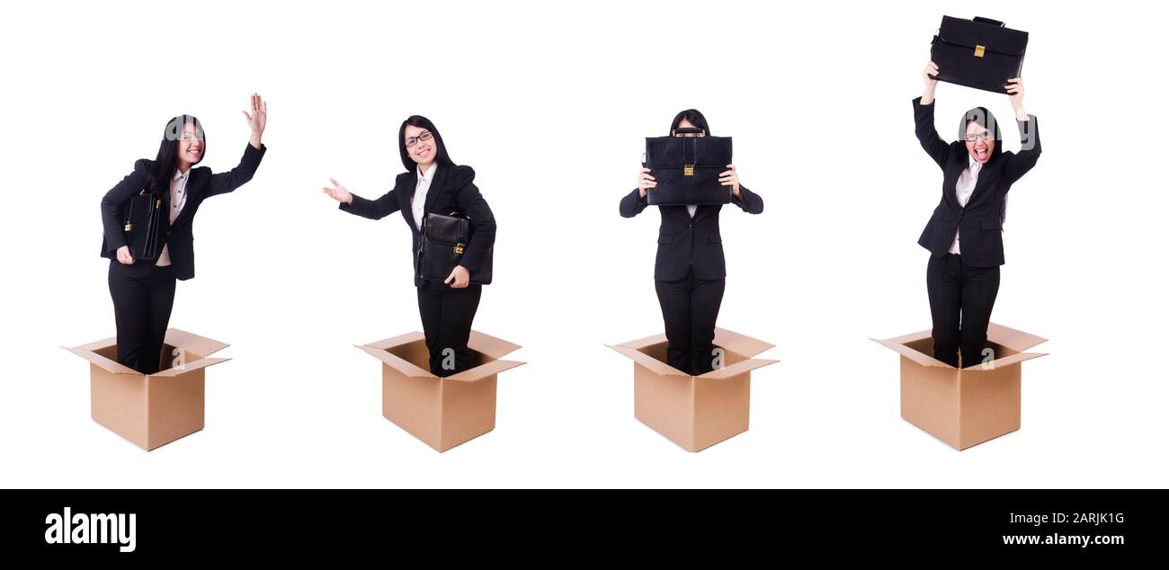 The businesswoman in thinking out of box concept Stock Photo - Alamy