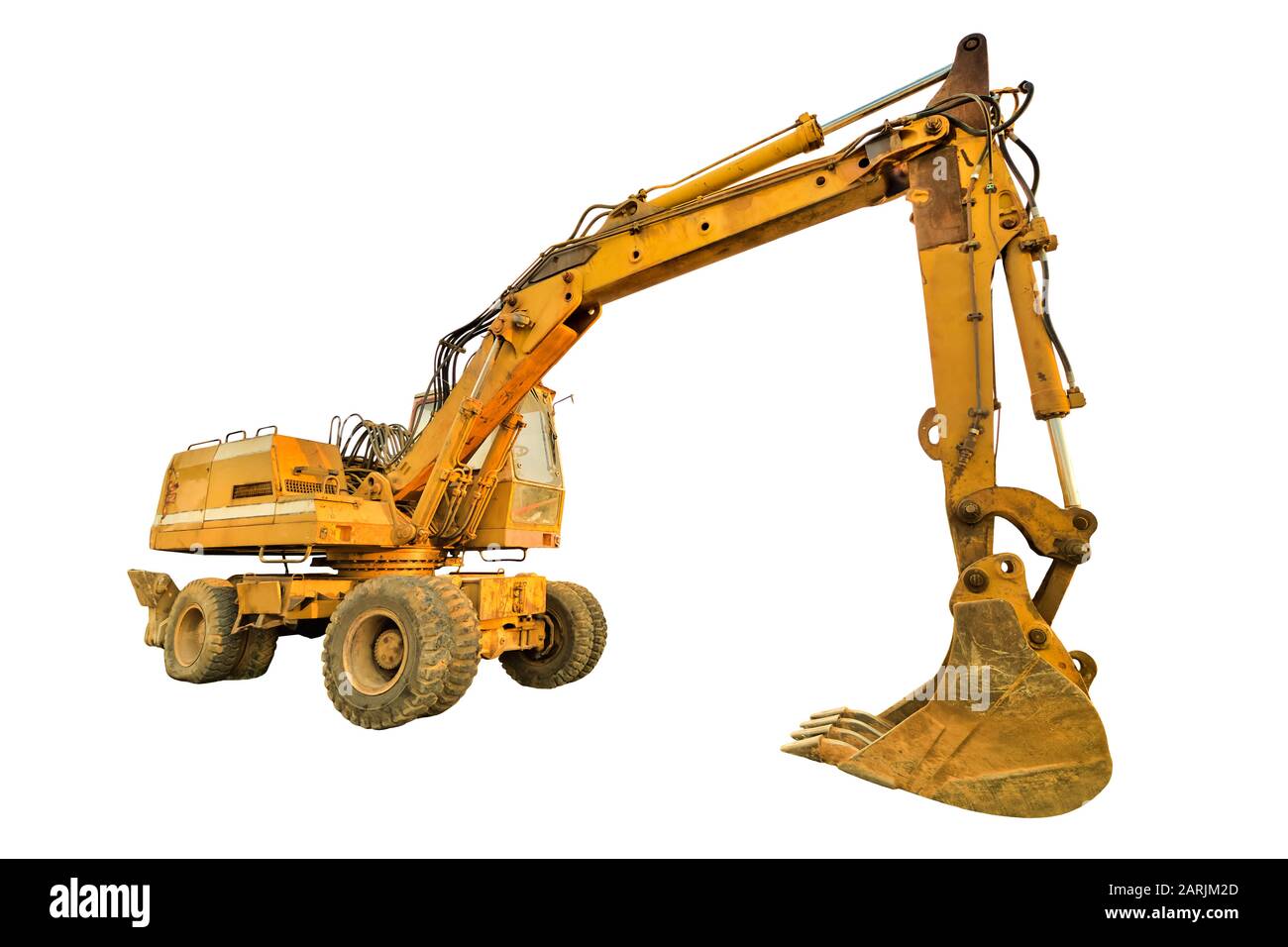 Side view of yellow excavator isolated on white with copy space. Work ...