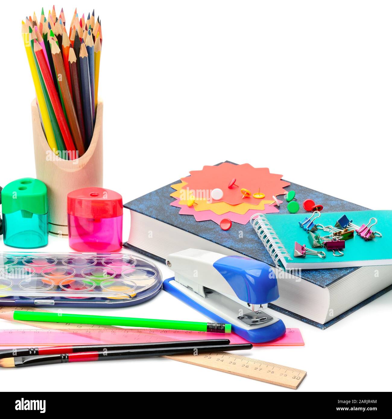 Collection of school supplies, isolated on pure white background Stock ...