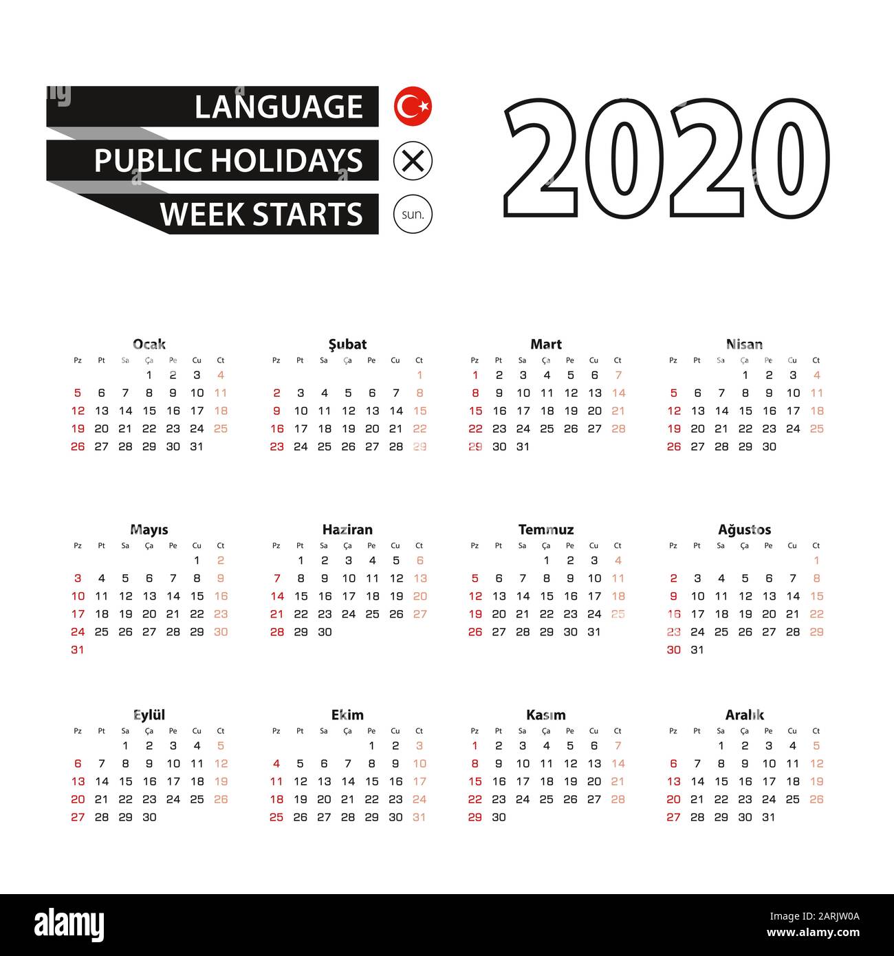 2020 calendar in Turkish language, week starts from Sunday. Vector ...