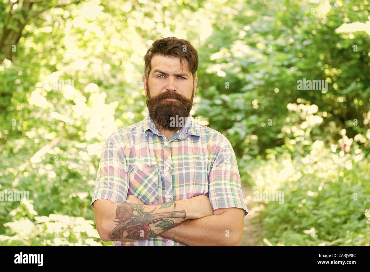 Eco lifestyle. United with environment. Handsome lumberjack. Man beard ...