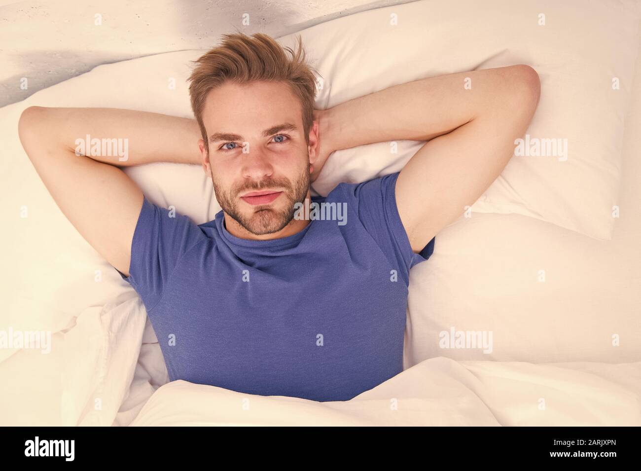 Bearded man face relaxing. Relaxing before fall asleep. Get enough ...