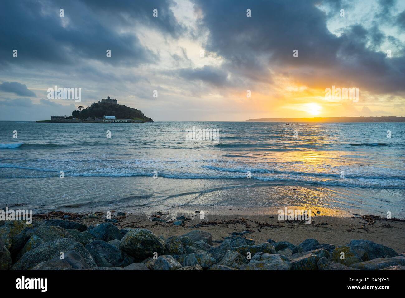 Winters sunset at Marazion with St Michaels Mount in the distance ...