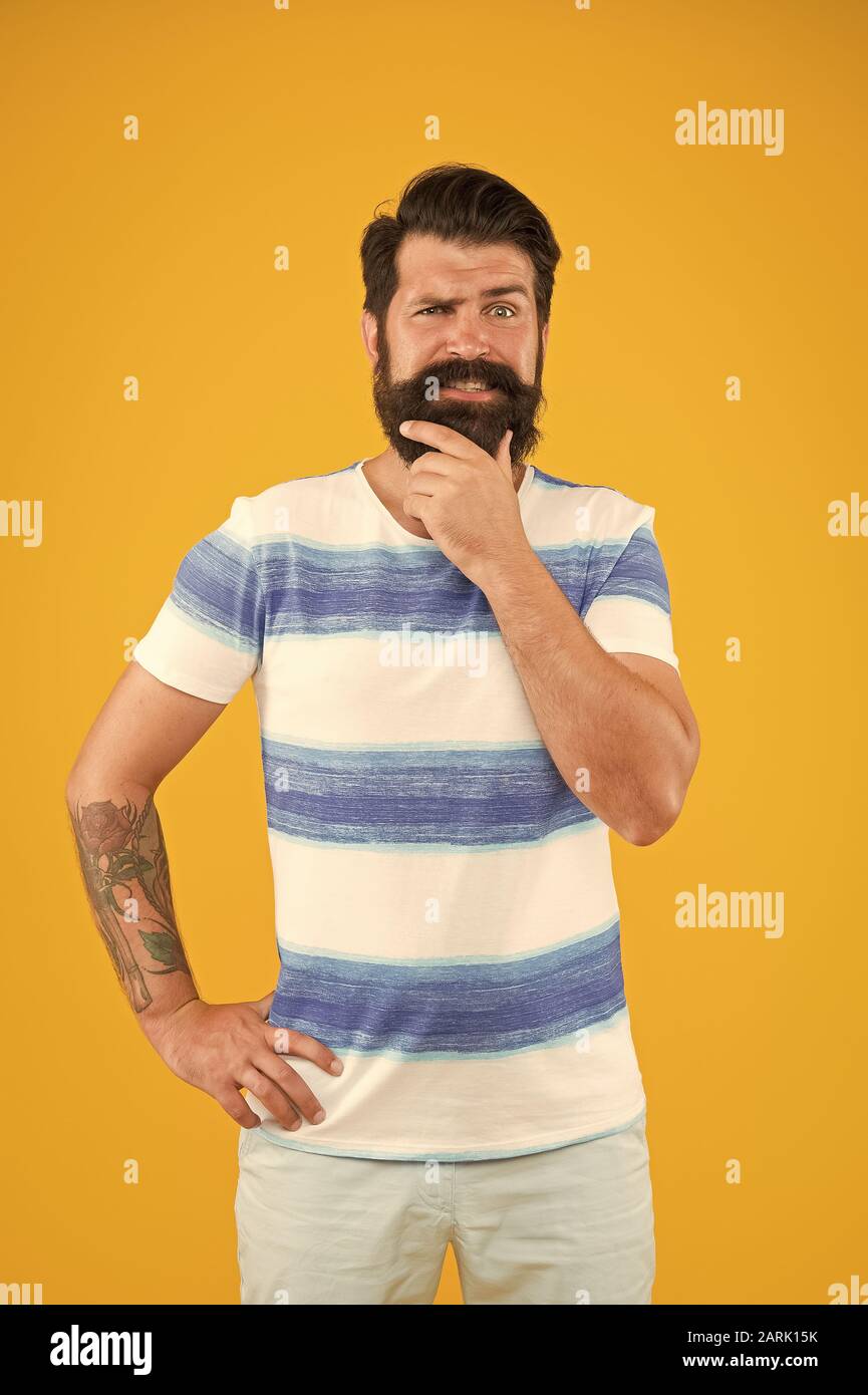 Cheerful sailor. Join my wave. Guy dressed striped shirt on summer ...