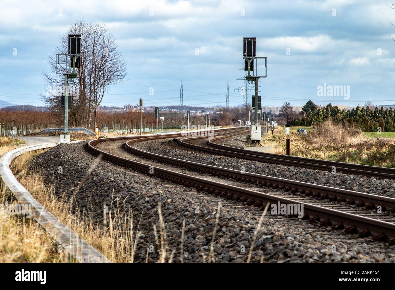 rural railroad tracks, no catenary, with signaling system Stock Photo ...