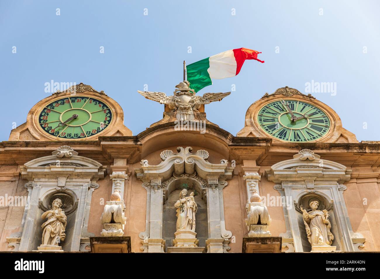 Italy, Sicily, Trapani Province, Trapani. Clock tower with the Italian ...