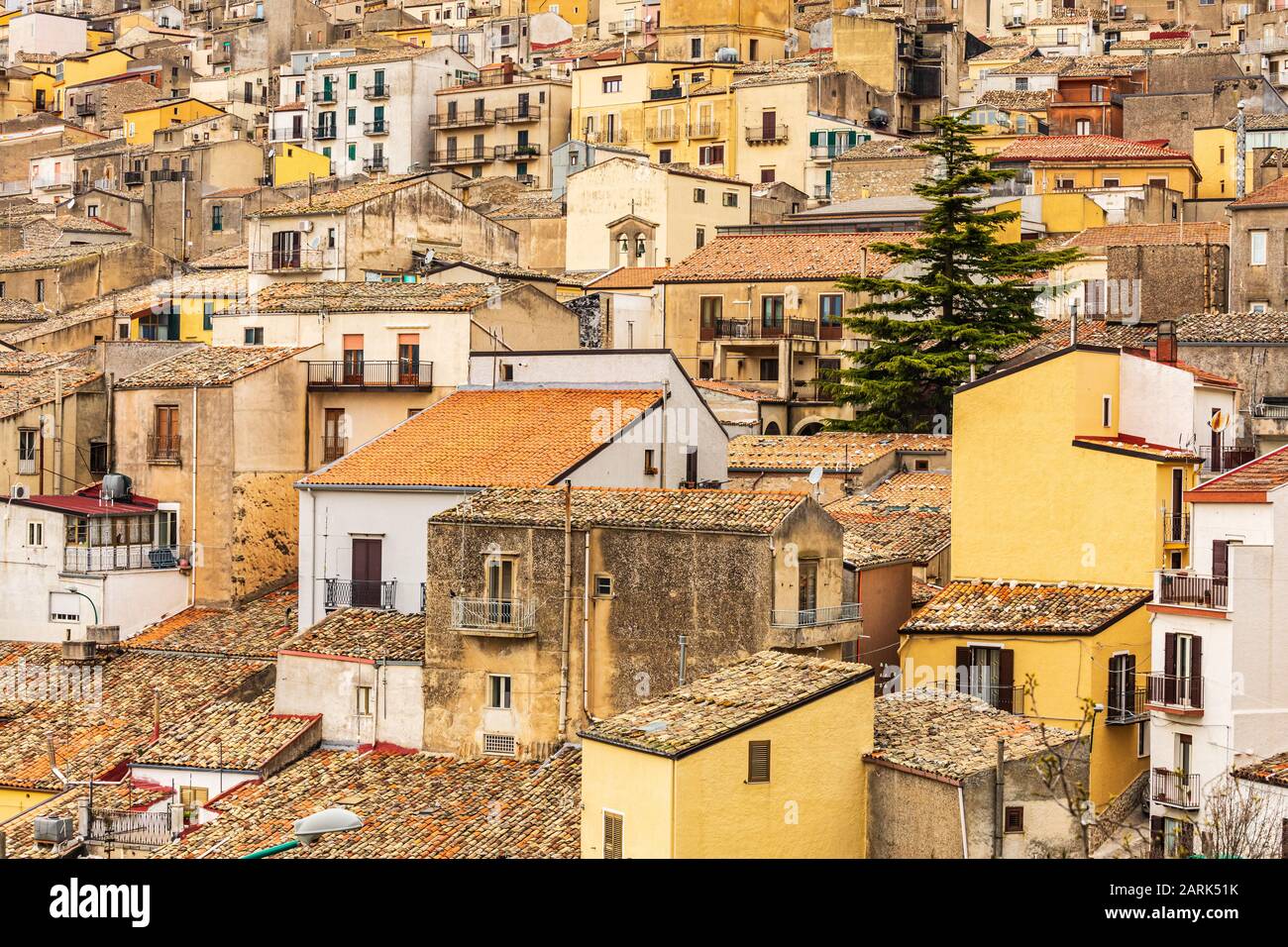 Italy, Sicily, Province of Palermo, Prizzi. View of homes and buildings ...