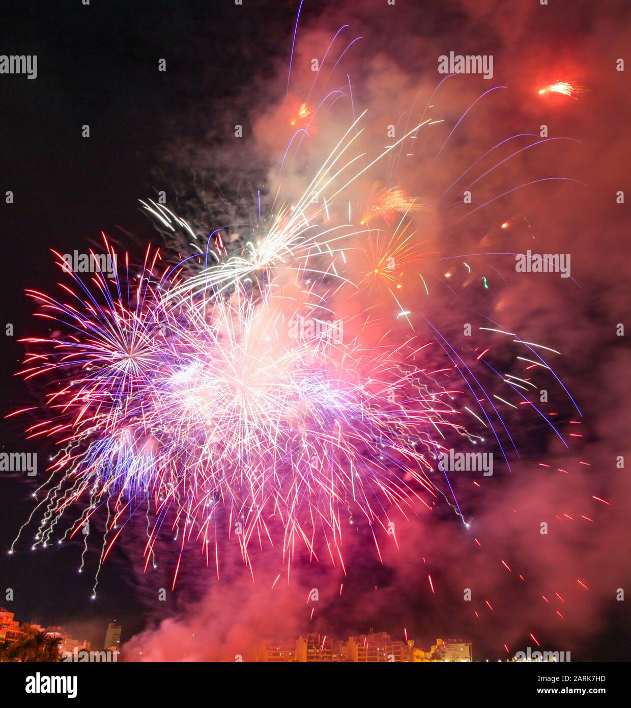 Benidorm November Fiesta fireworks display on Poniente beach at night ...