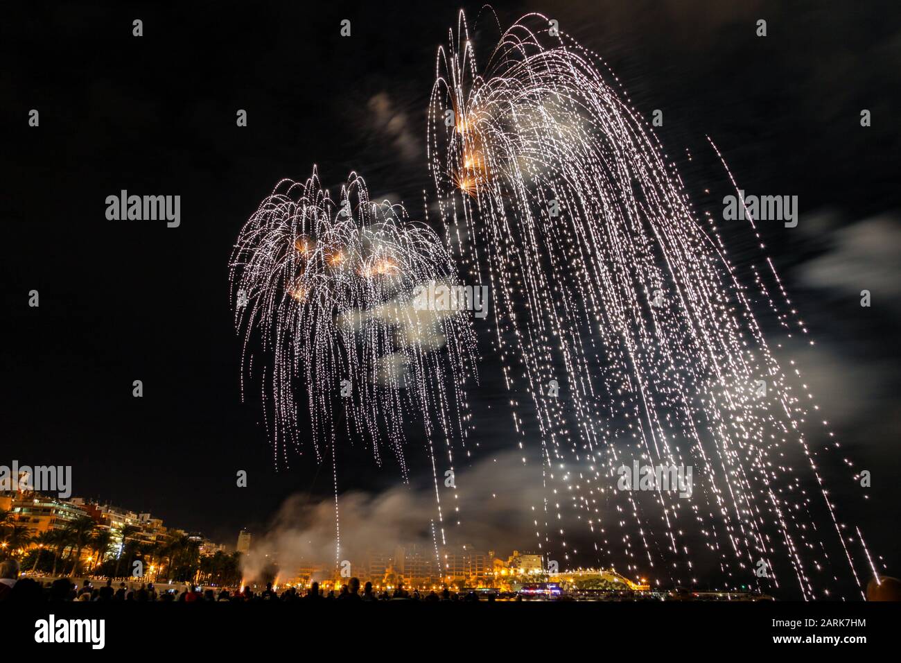 Benidorm November Fiesta fireworks display on Poniente beach at night ...