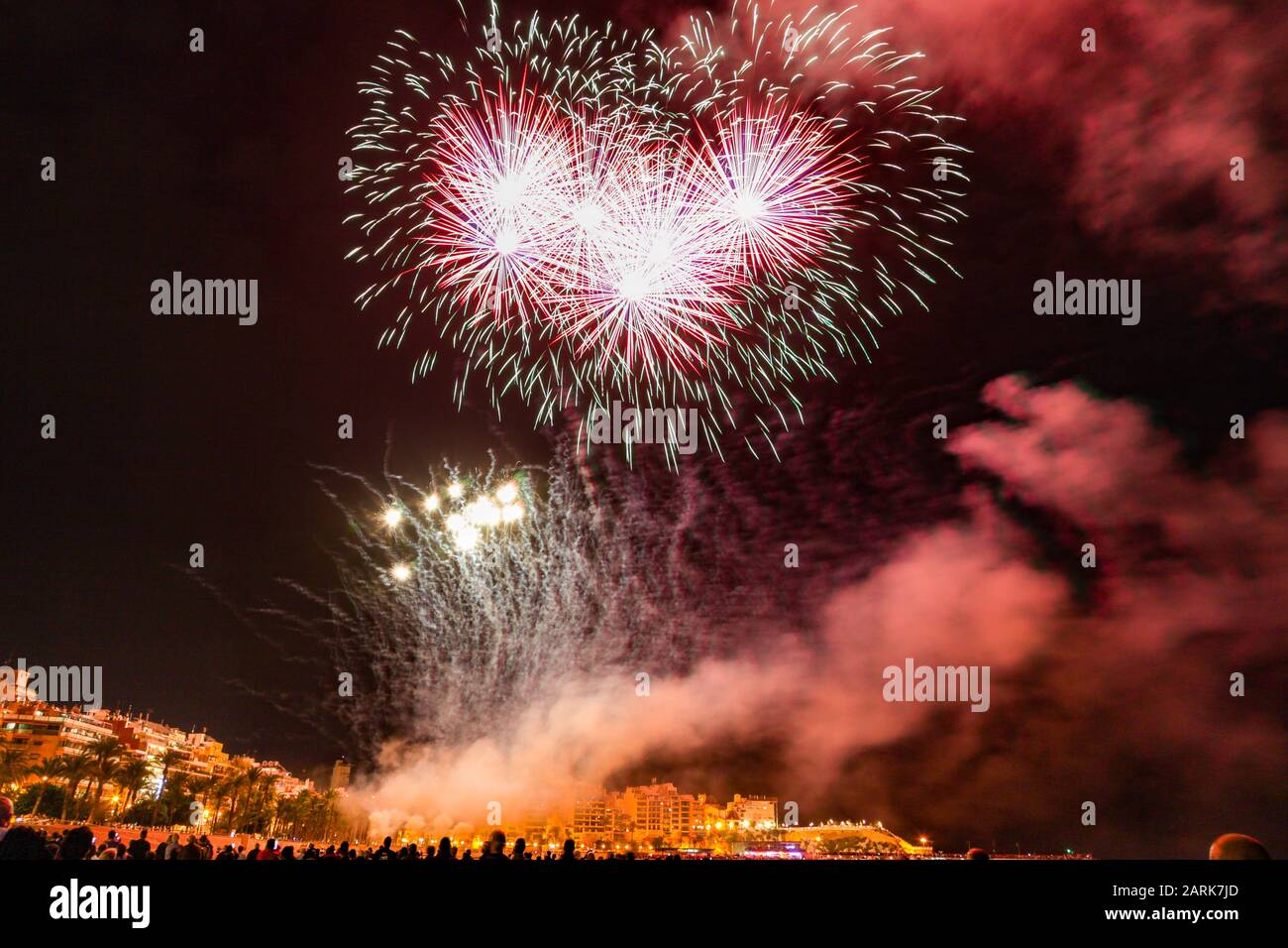 Benidorm November Fiesta fireworks display on Poniente beach at night ...