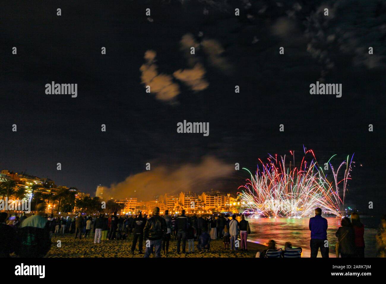 Benidorm November Fiesta fireworks display on Poniente beach at night ...