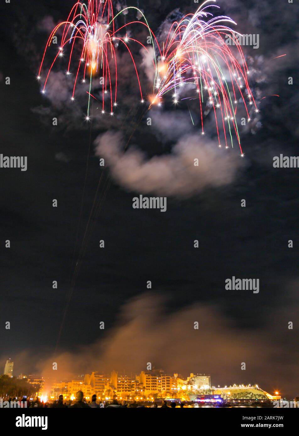 Benidorm November Fiesta fireworks display on Poniente beach at night ...