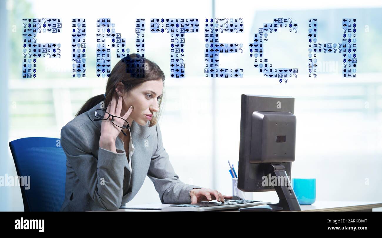 Businesswoman with computer in financial technology fintech concept ...