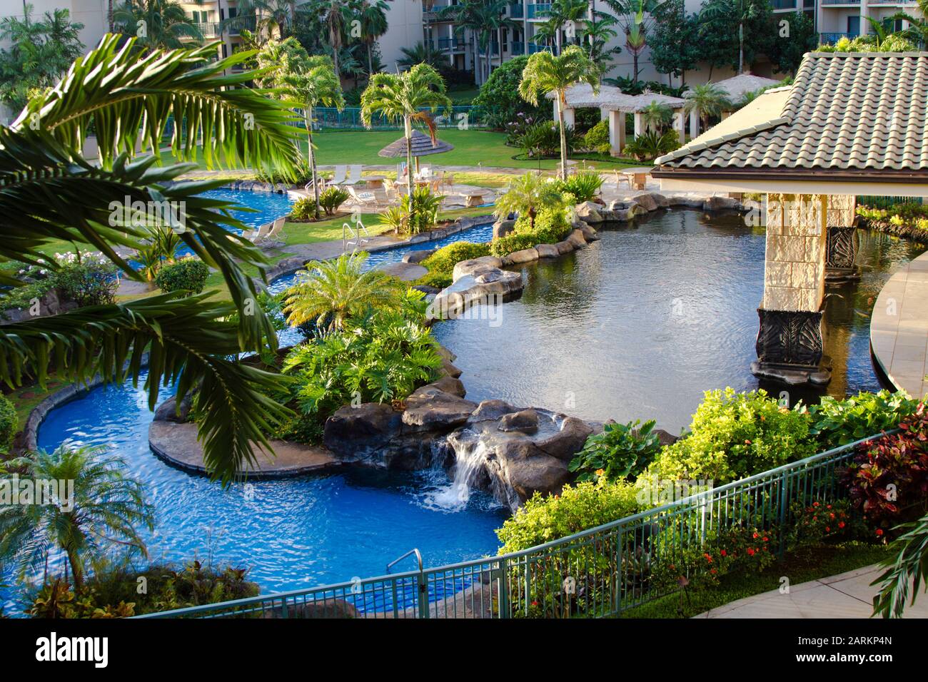 Pools and gardens at a tropical resort Stock Photo - Alamy