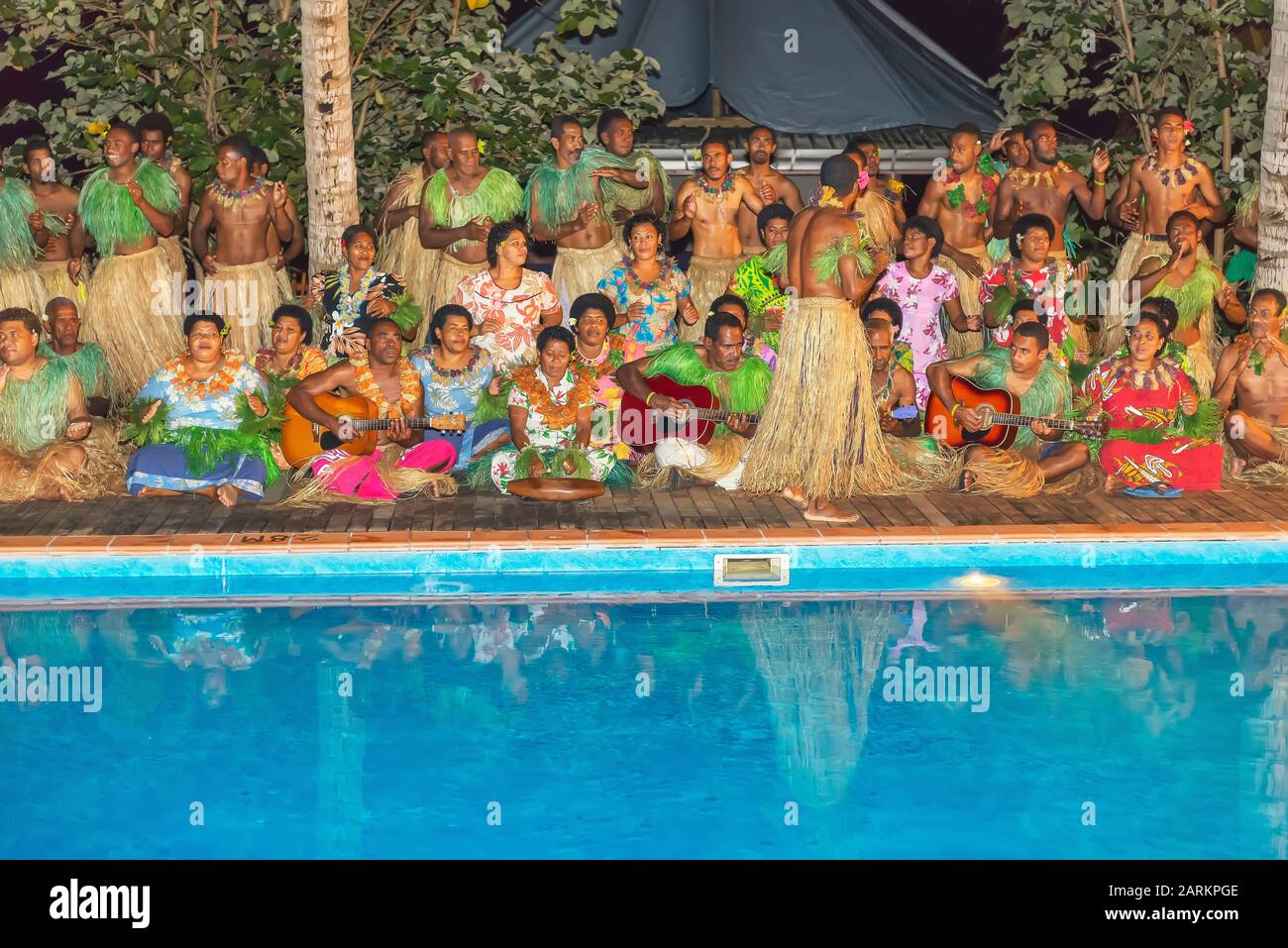 Fijians in traditional dress performing during a Kava ceremony,Waya ...