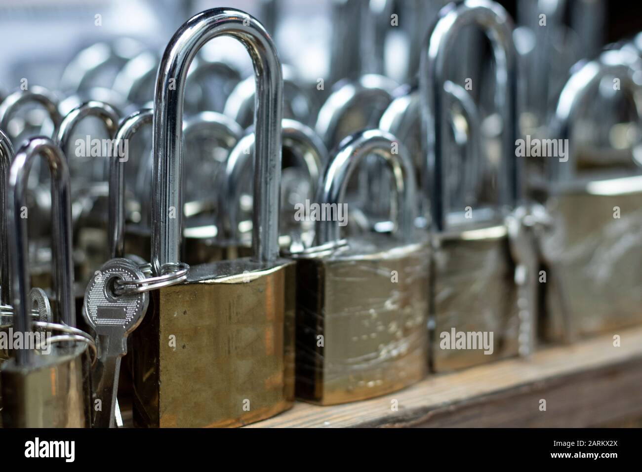 Padlock close-up. Different sizes. Photographed in front of the store ...