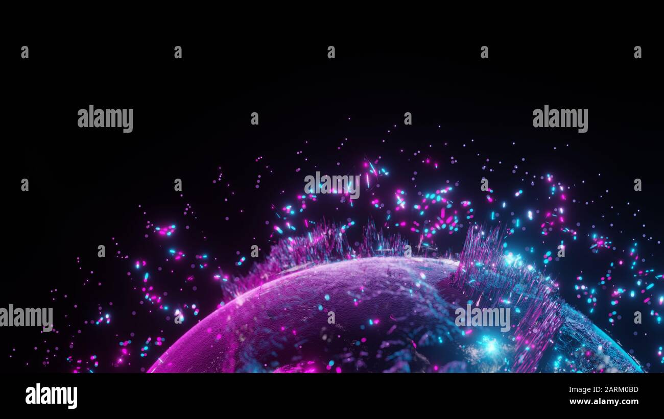 Abstract futuristic planet Earth surrounded by virtual elements. Dots ...